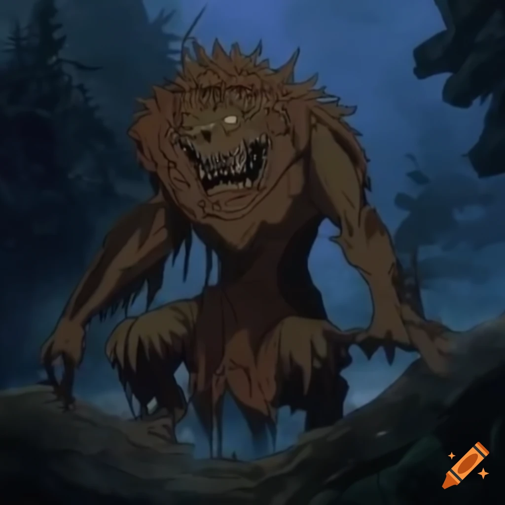 80's fantasy anime OVA hand-drawn scene of a roaring warlock troll ...