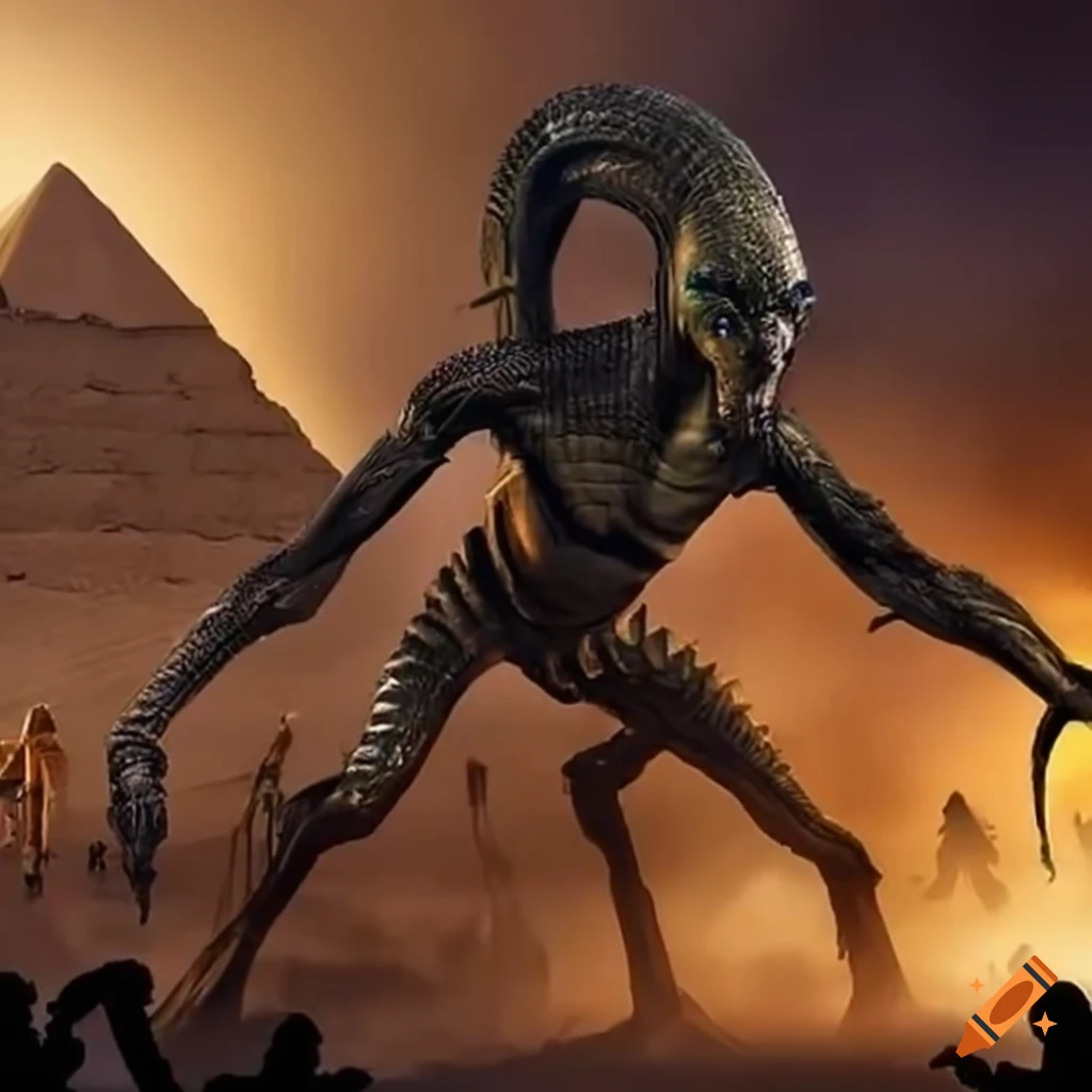 Epic battle scene with aliens, monsters, and Egyptian army at the ...
