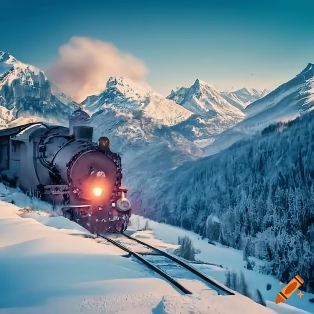 Steam locomotive in a snowy mountain range with tall peaks and clear ...