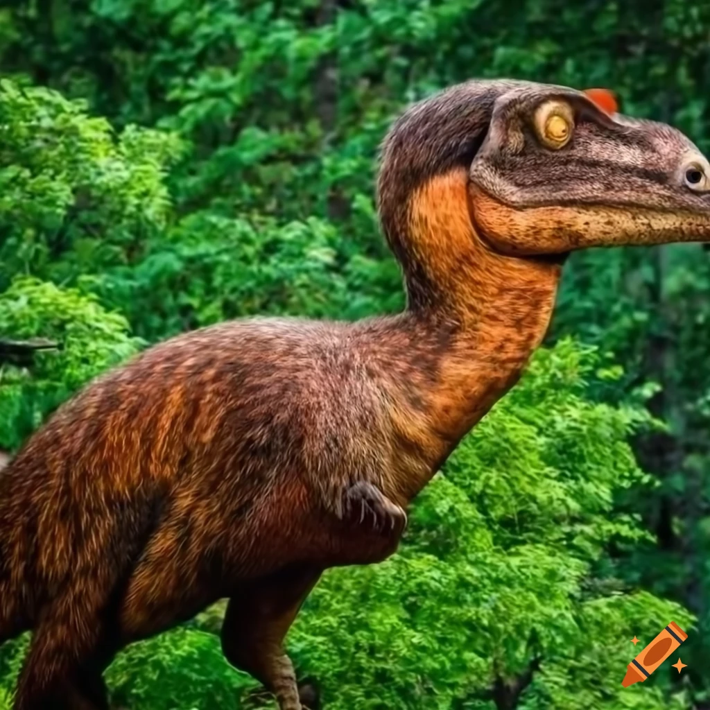 Feathered dinosaur with chipmunk-like color pattern climbing a tree ...