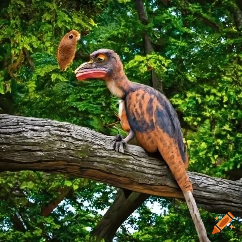 Feathered dinosaur with chipmunk-like colors climbing the tree canopy ...