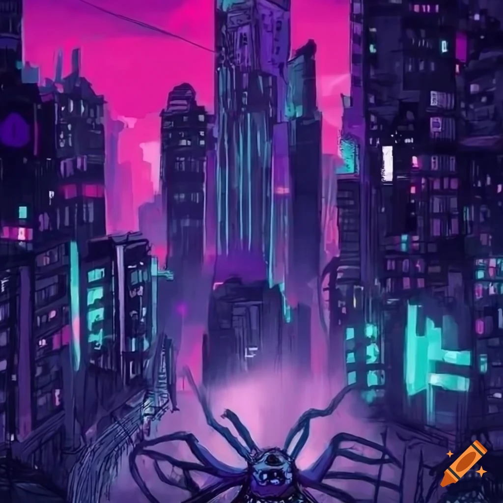 Large spider in cyberpunk cityscape drawing on Craiyon