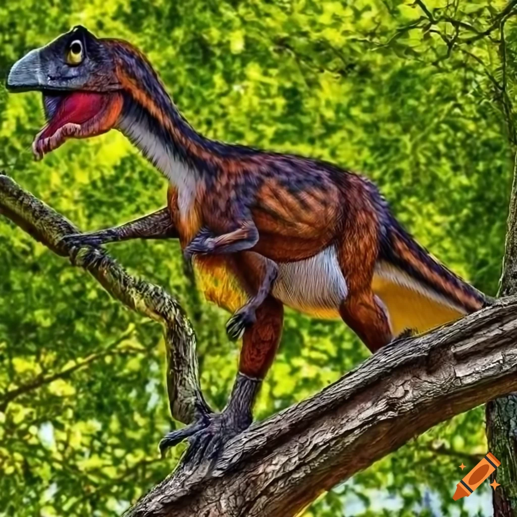 Feathered dinosaur with chipmunk-like colors climbing the tree canopy ...