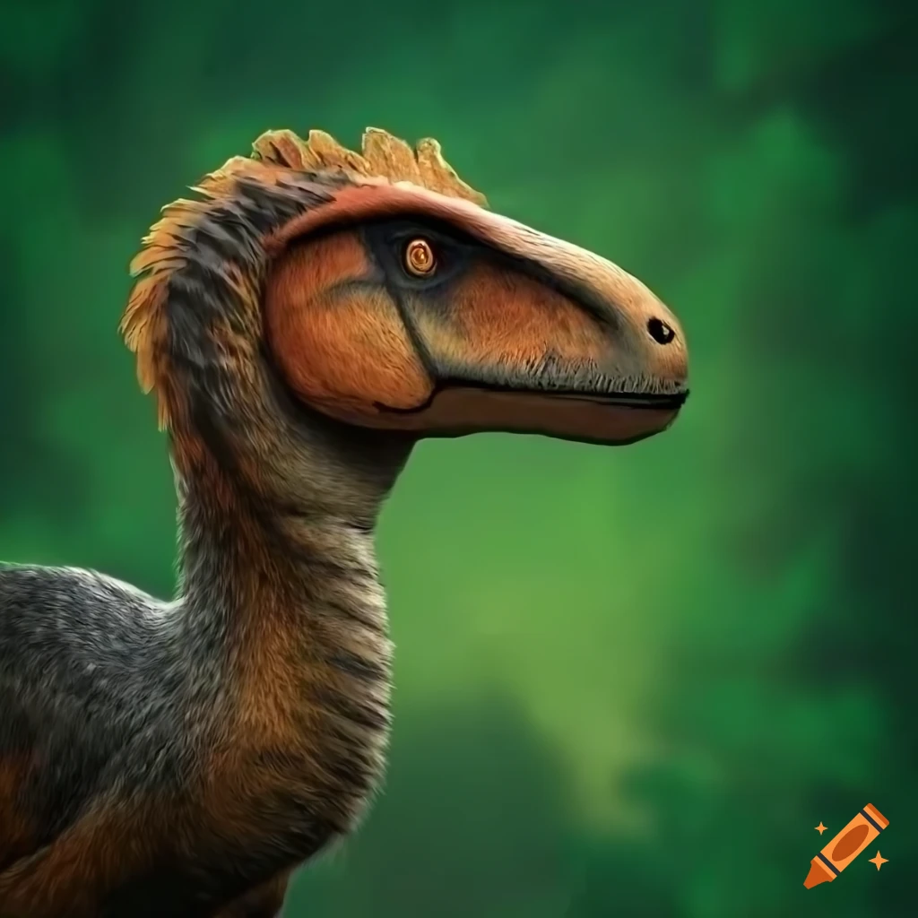 Feathered dinosaur with bird-like features climbing the tree canopy on ...