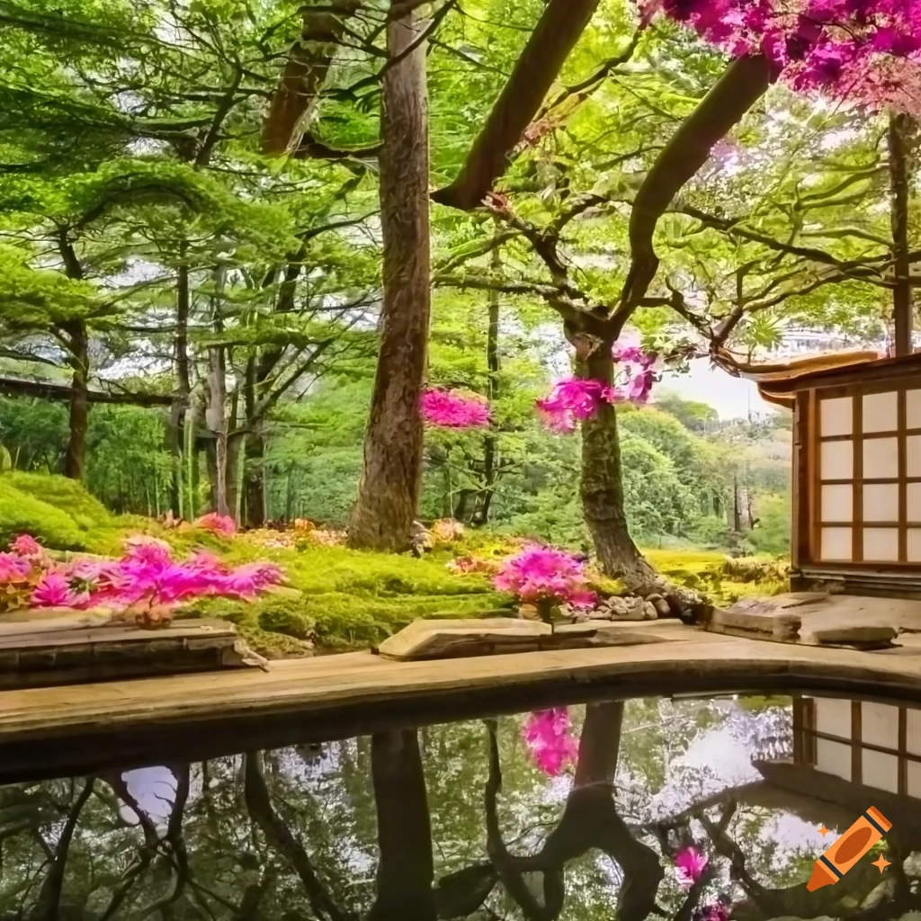 Interior of oriental Japanese Zen room with trees, pink petals, and ...