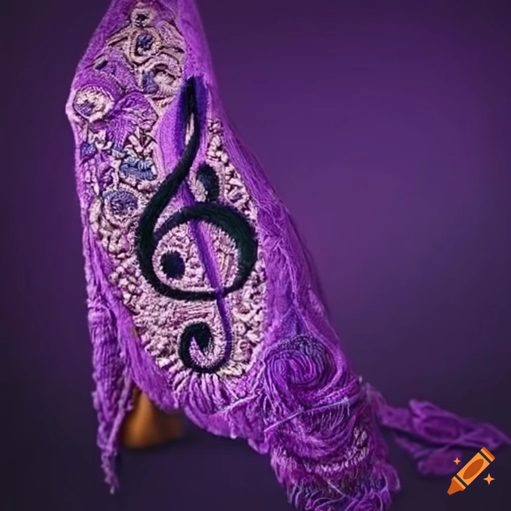 Enchanting purple cloak with embroidered music notes design on Craiyon
