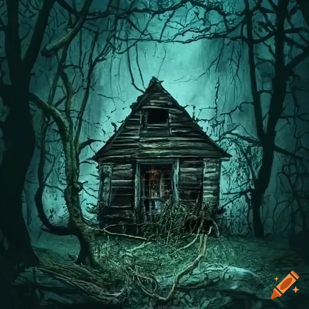 Old cabin in the woods with a monstrous creature peering through a ...