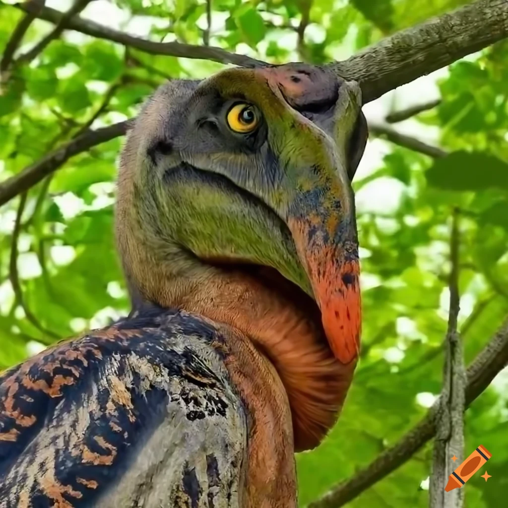 Feathered dinosaur climbing in the tree canopy with unique colorful ...