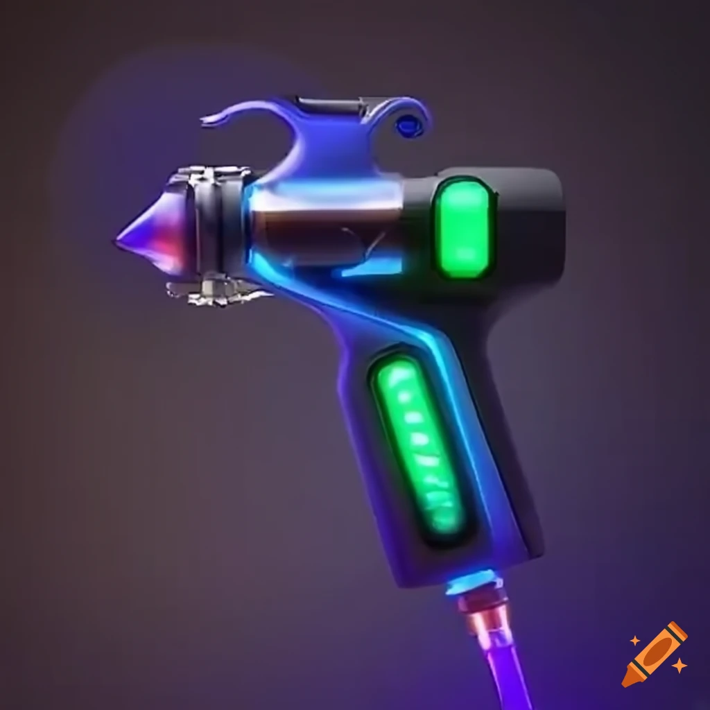 Futuristic acid spray gun with metallic body and glowing nozzle on Craiyon