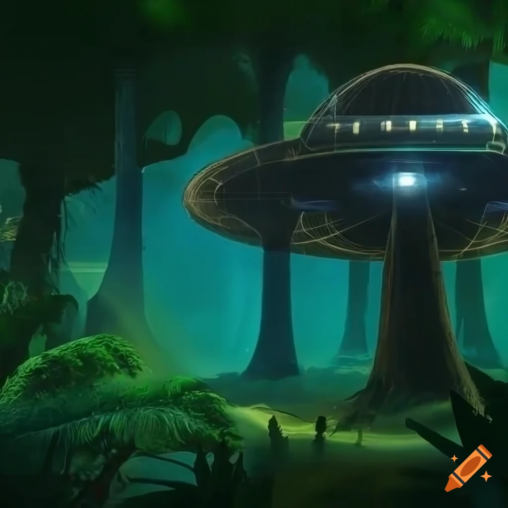 Palma tree and ufo in lush green jungle with dramatic lighting, scifi ...