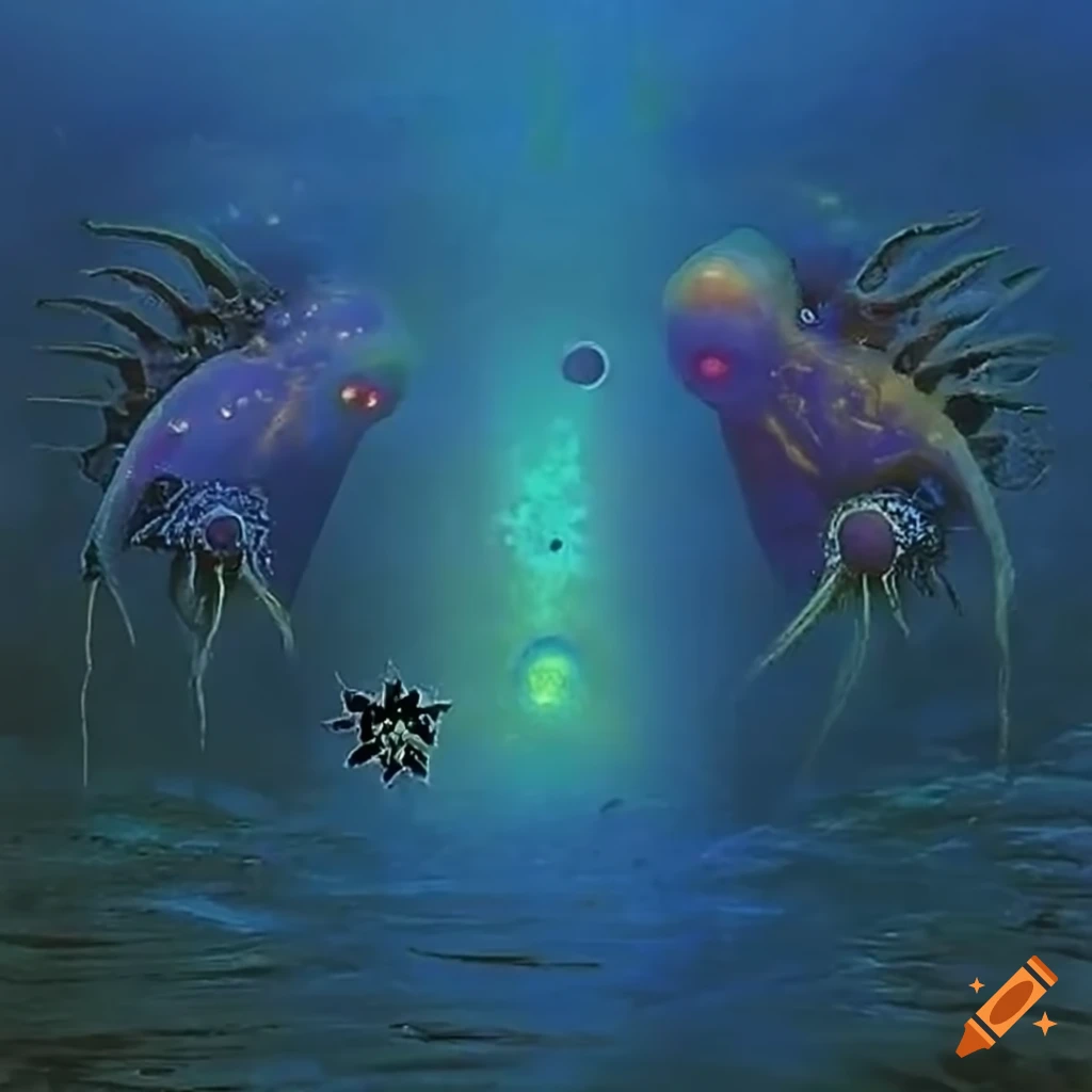 Zdzislaw beksinski painting of deep sea bioluminescence with dark ...