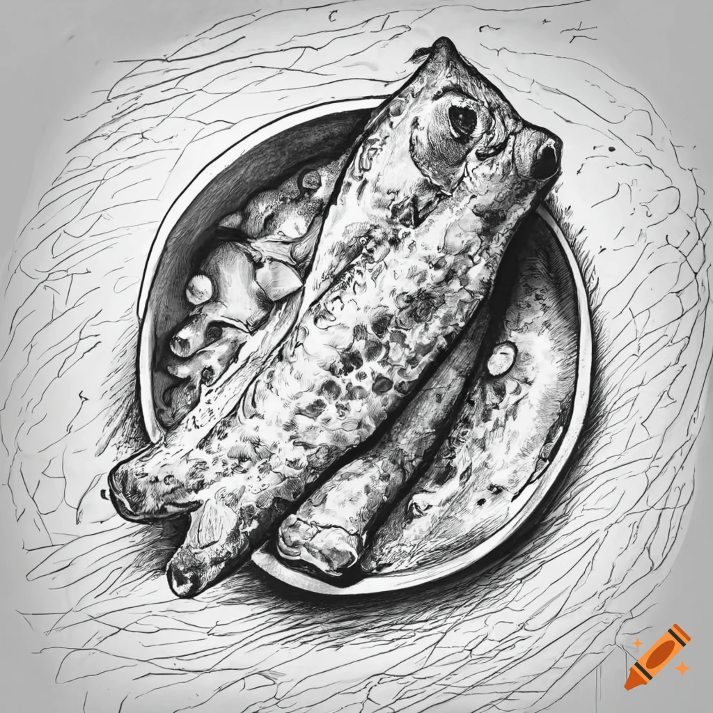 Fish fillet with champignons and cheese in black and white drawing on ...