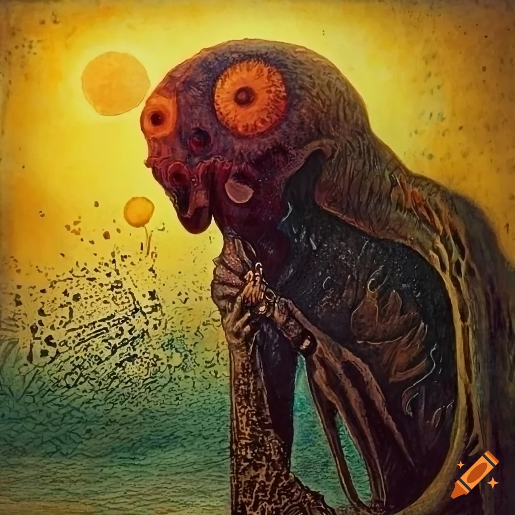 Zdzislaw beksinski surreal jungle artwork with humanoid insects, gnomes ...