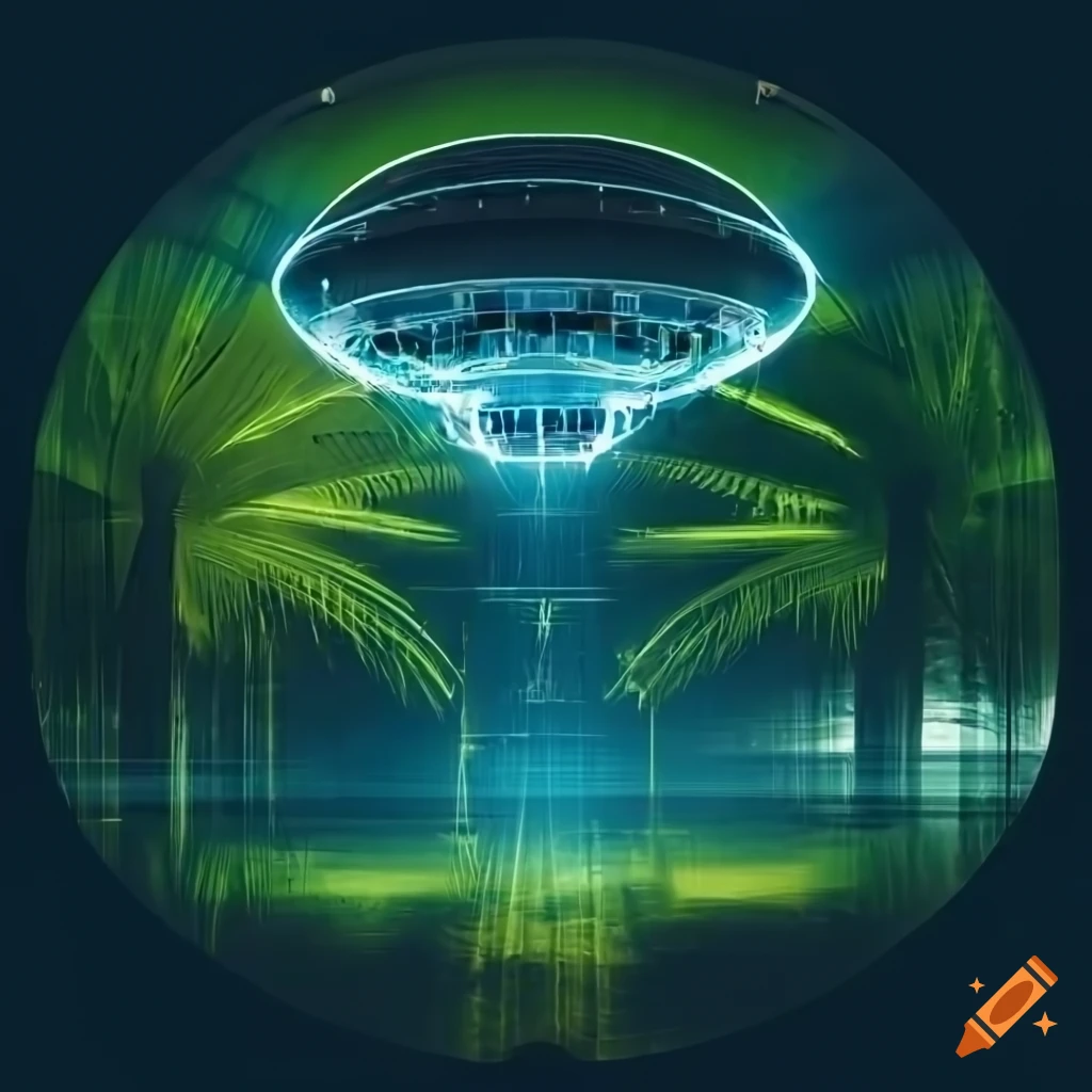 Palma tree and ufo in lush green jungle with dramatic lighting and ...