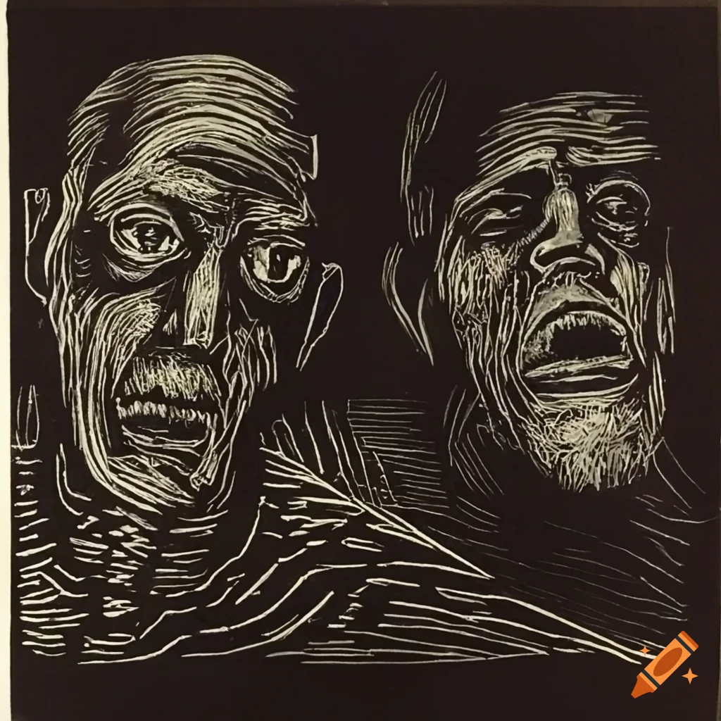Confrontational men with exaggerated emotions in a linocut style on Craiyon