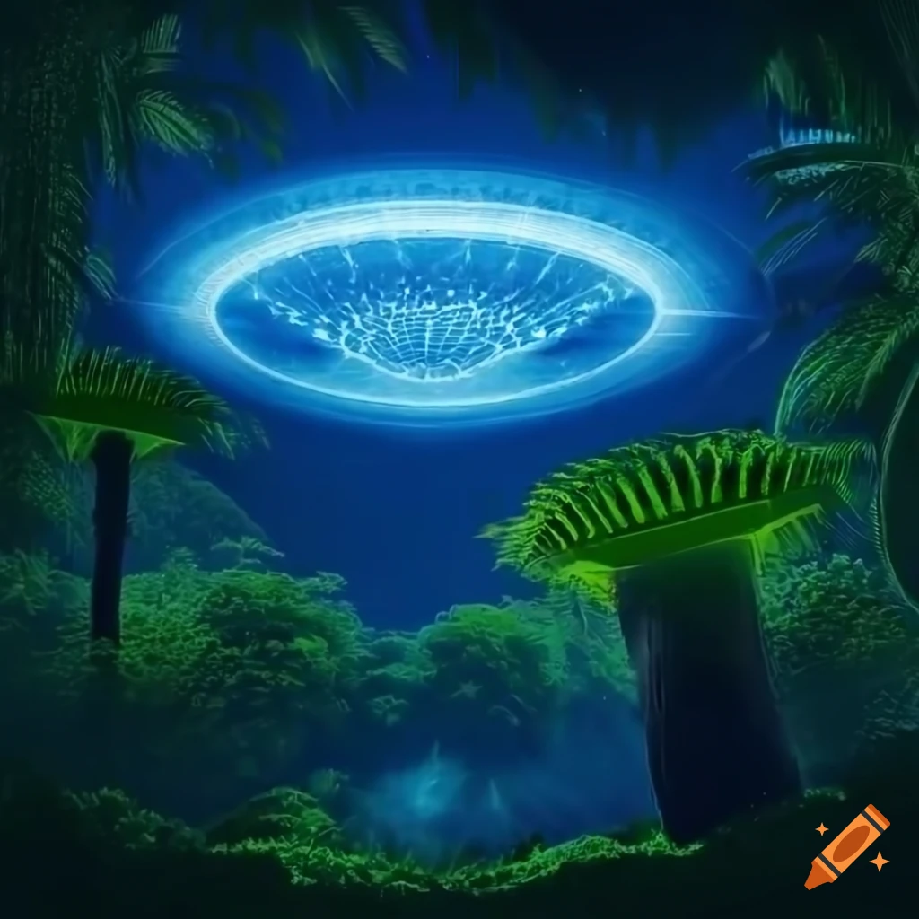 Detailed ufo and palm tree view with lush green jungle and dramatic ...