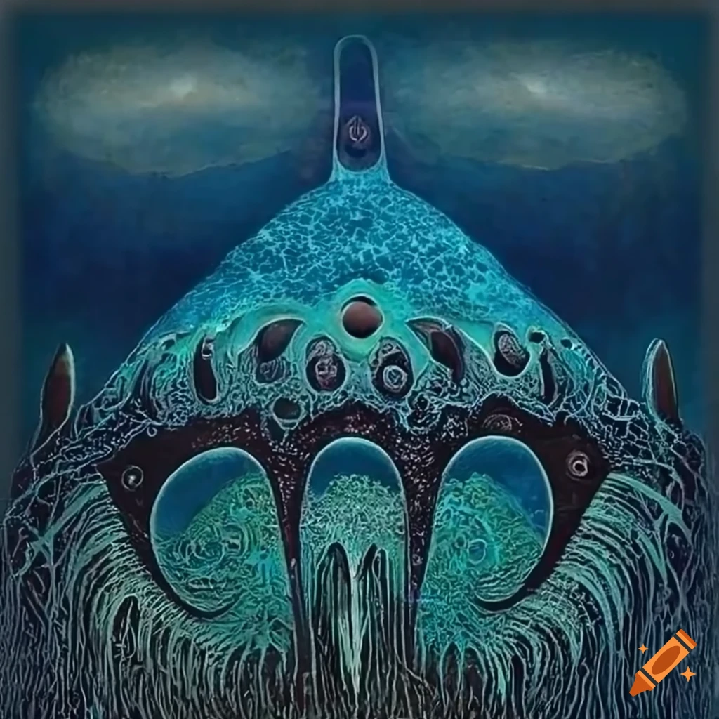 Abstract painting with native salish creature motifs and ocean waves on ...