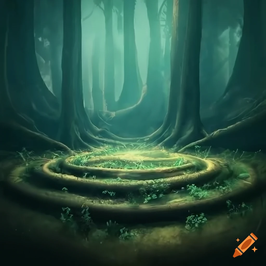 Circular combat arena surrounded by tree roots in a forest setting on ...