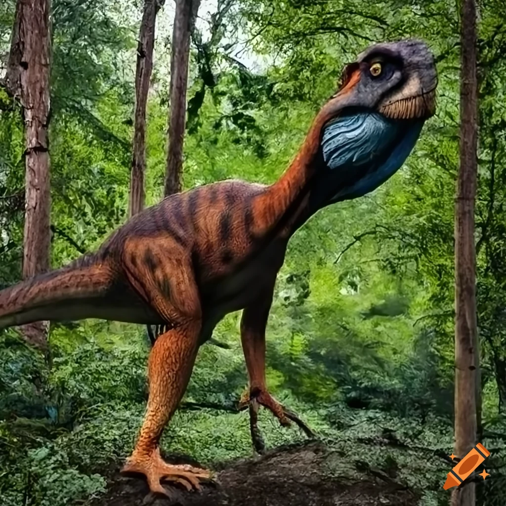 Feathered dinosaur with tree-climbing abilities in a forest canopy on ...