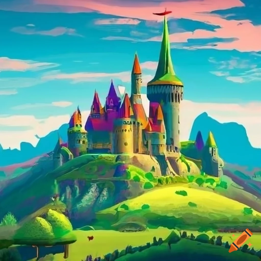 Colorful 2d kingdom castle on a distant hill on Craiyon