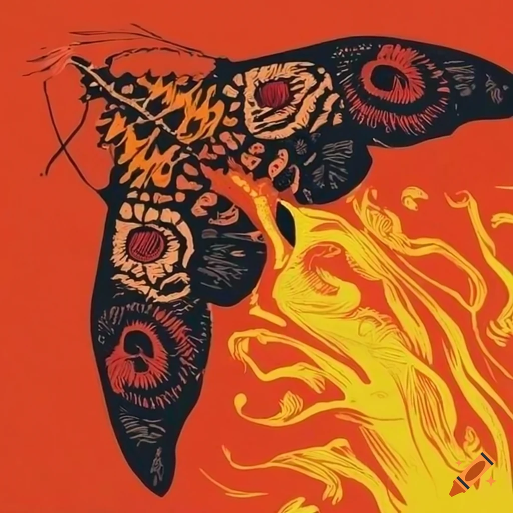 Intricately detailed moth wings on fire in linocut artwork on Craiyon