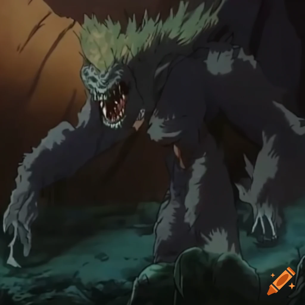 Fantasy anime scene with a roaring prehistoric troll beast in primitive ...