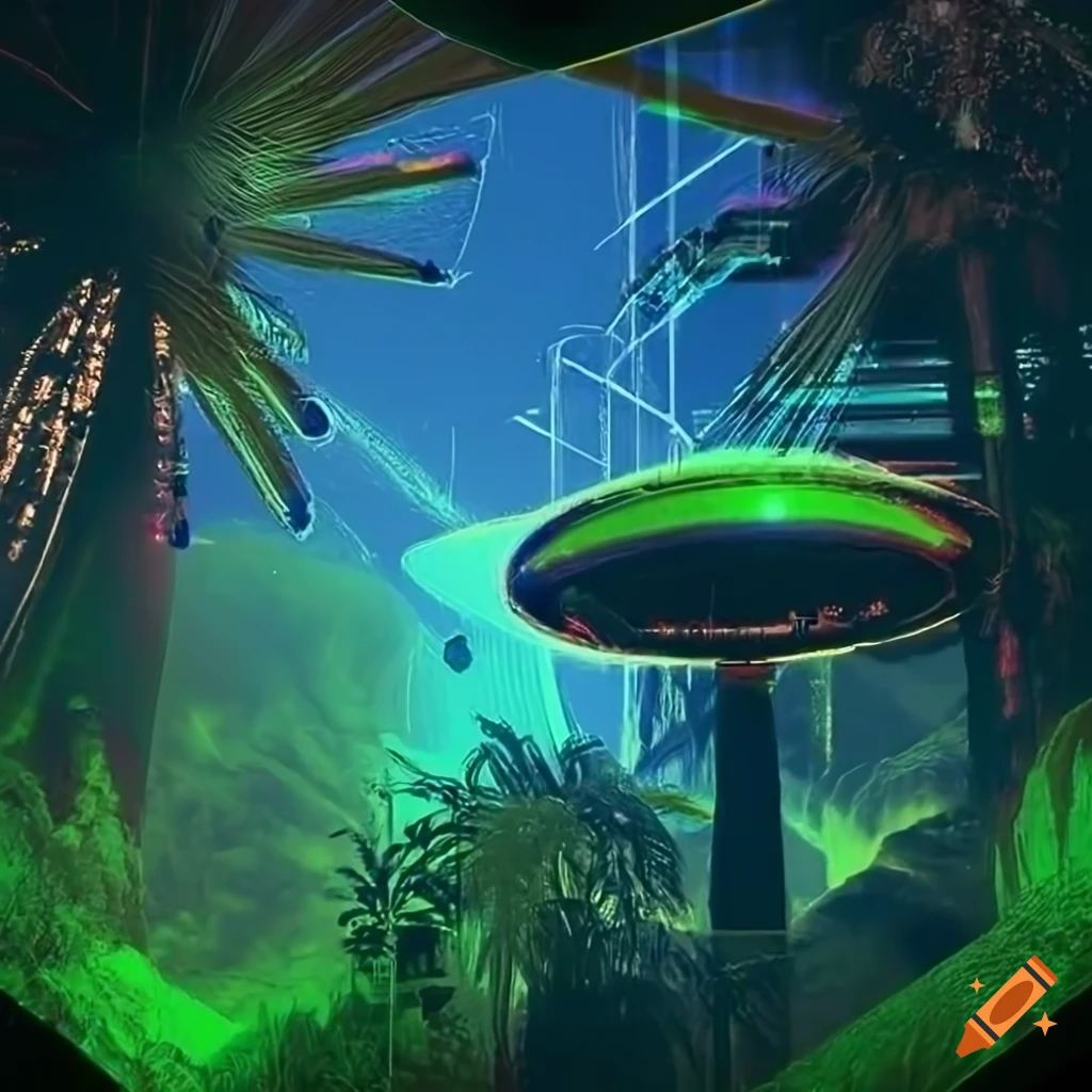 Palma tree and UFO spider view from below in lush green jungle with ...