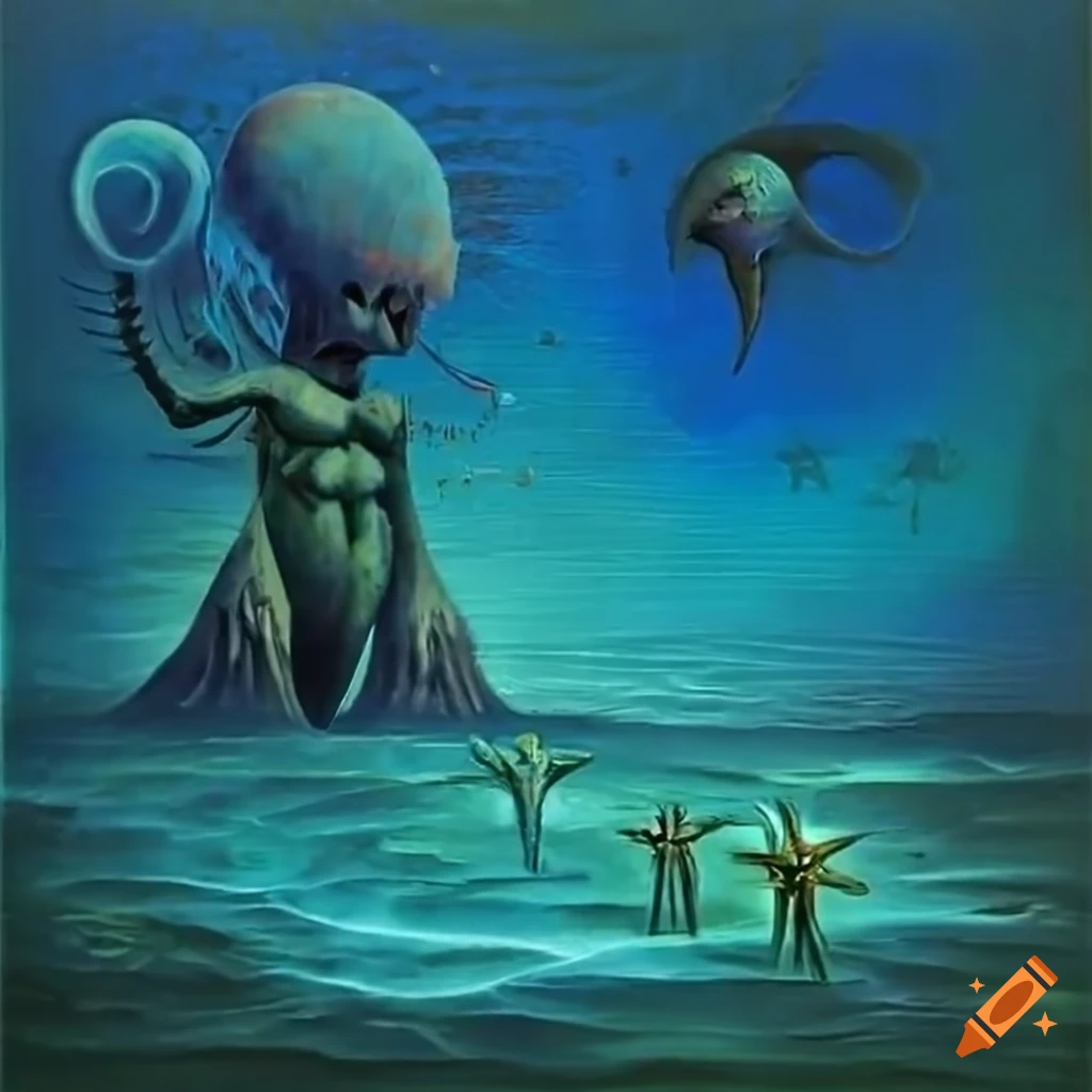 Zdzislaw beksinski painting of deep sea bioluminescence with dark ...