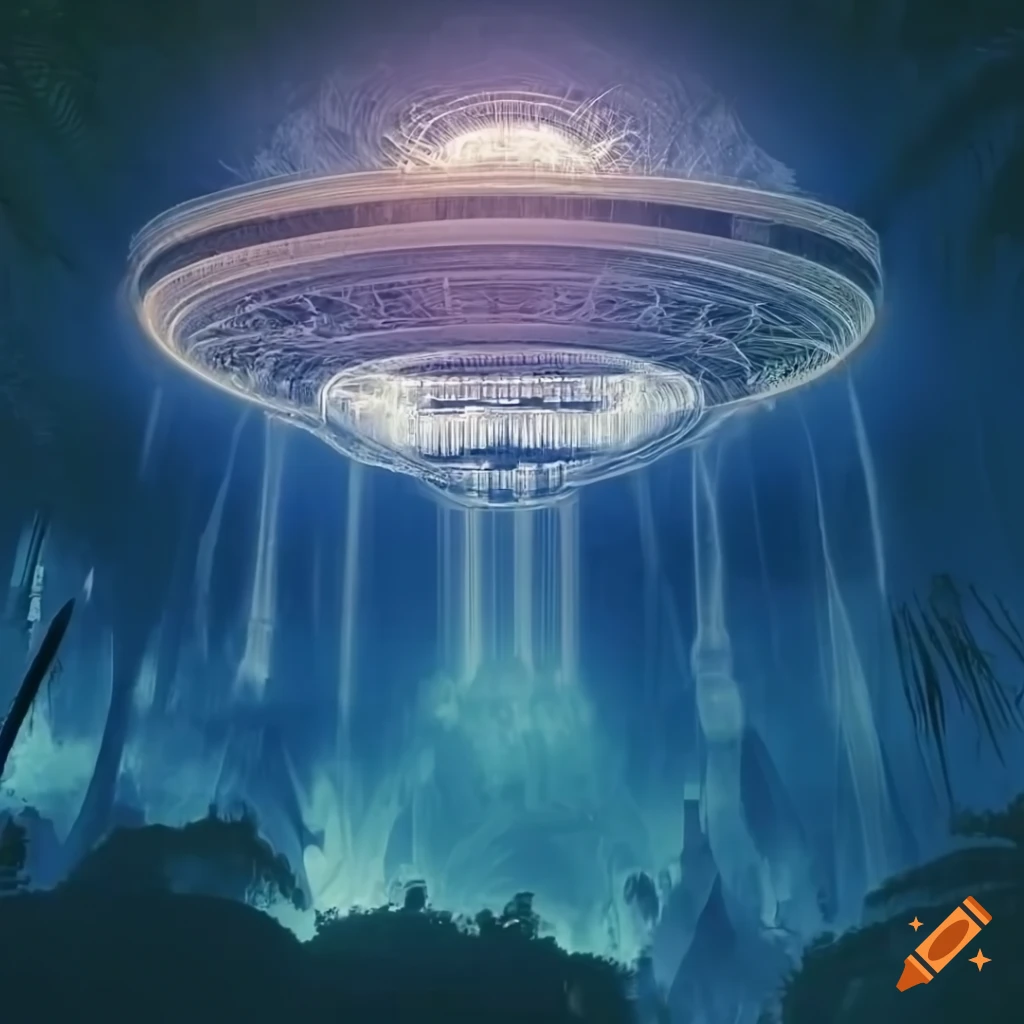 Palma tree and ufo in lush green jungle with dramatic lighting and ...