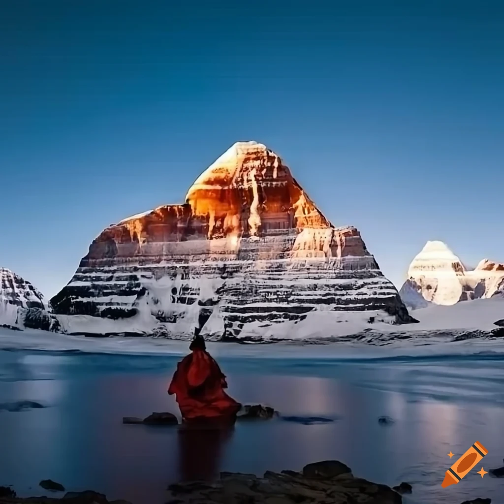 Lord shiva at mount kailash with snow-capped mountains and serene blue ...