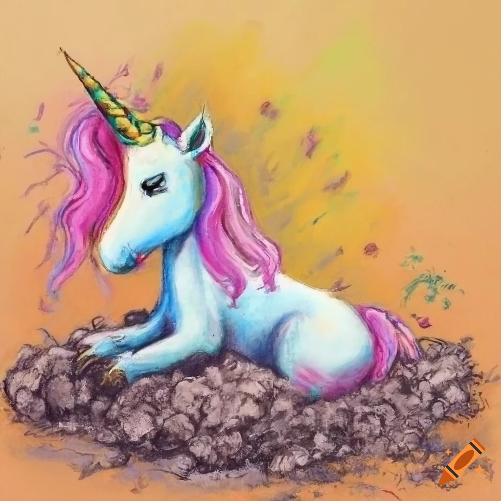 Young unicorn sinking in muddy dung heap, rear view pastel drawing on ...