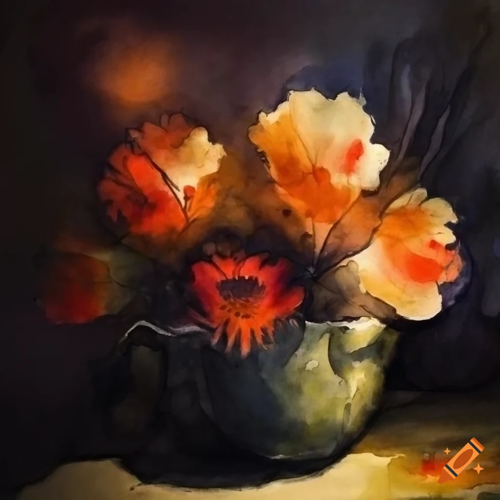 Ghostly Halloween flowers by a window in a watercolor painting on Craiyon