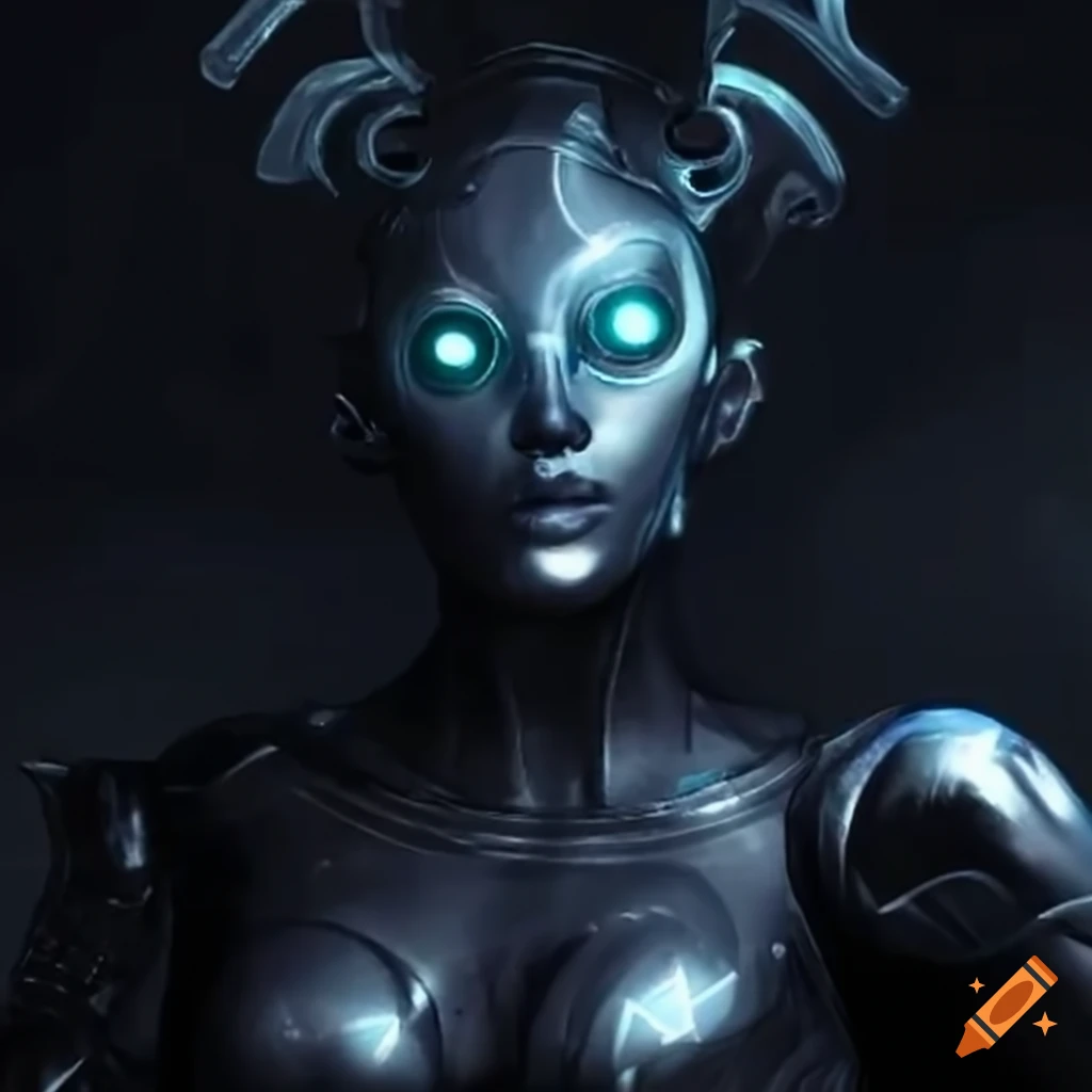 Shadowy metallic woman robot genius with runes on her skin on Craiyon