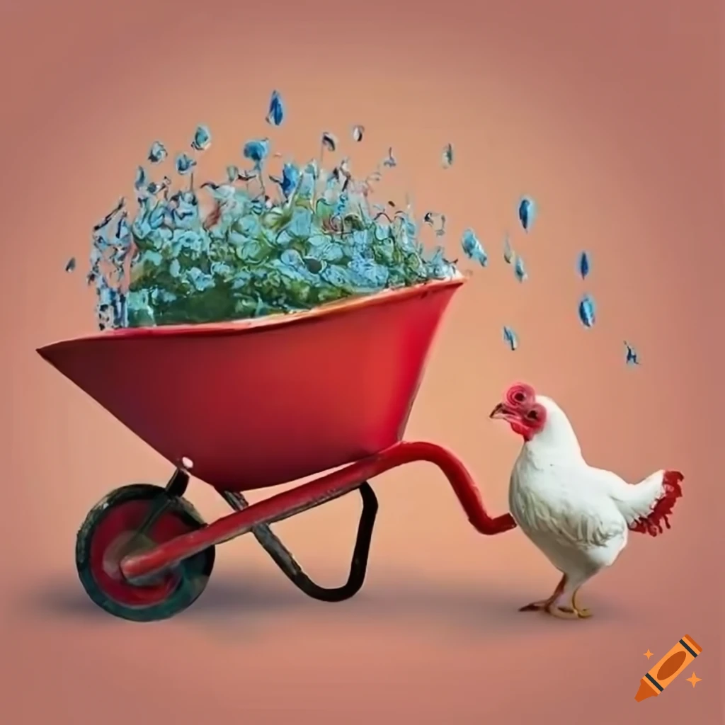 Red wheelbarrow with rainwater beside white chickens on Craiyon