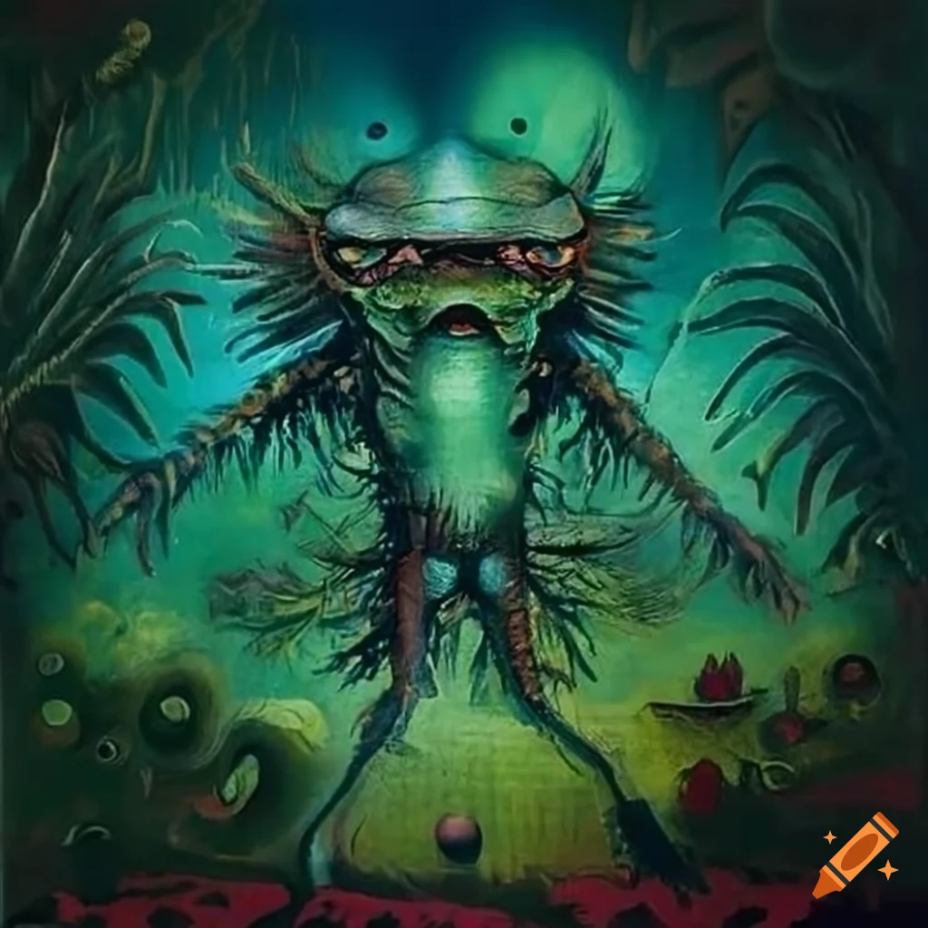 Surreal artwork featuring a jungle with mythical creatures and humanoid ...