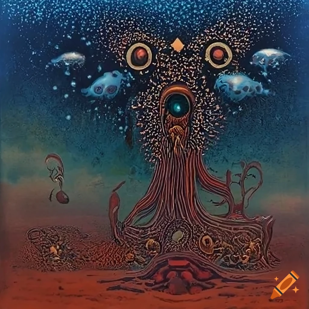 Abstract painting with native salish creature motifs and ocean waves on ...