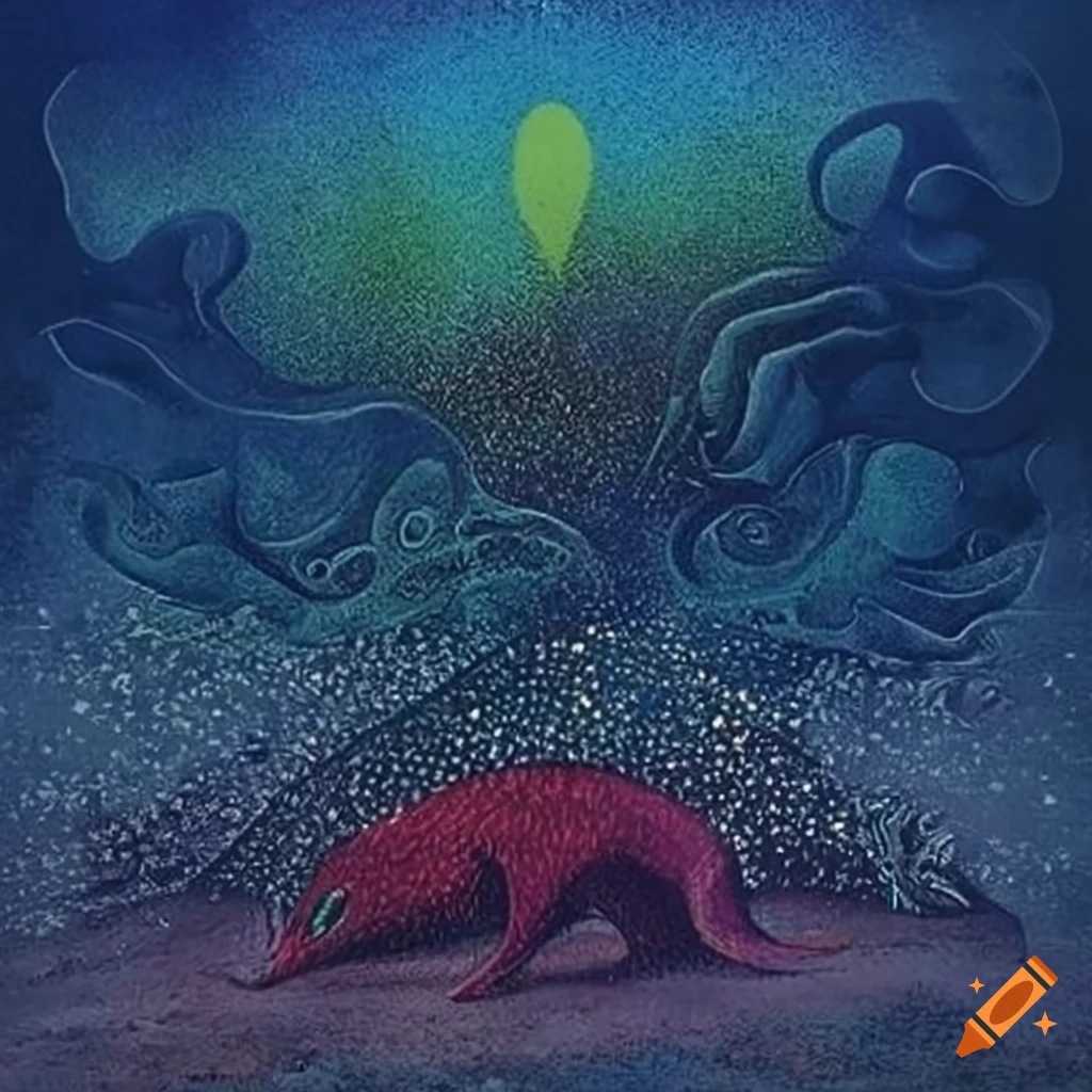 Abstract painting with native salish creature motifs and ocean waves on ...