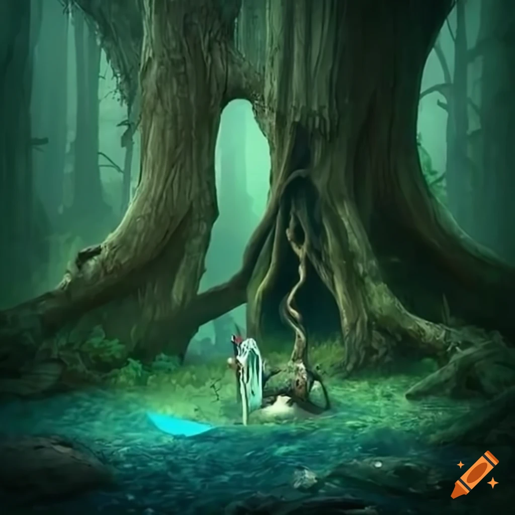 Enchanted forest with a warrior's weapon buried near a mythical tree on Craiyon