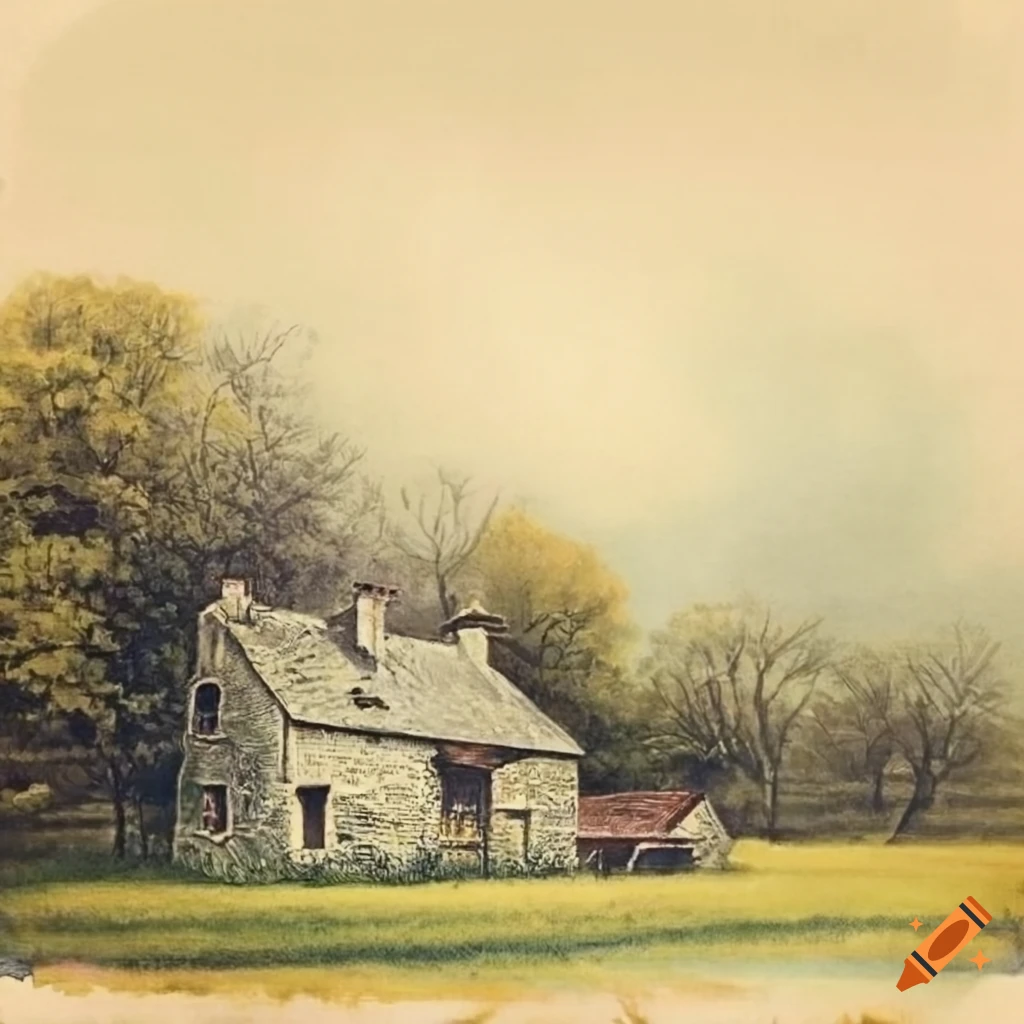 Currier and Ives print of a peaceful stone farmhouse in a spring field ...