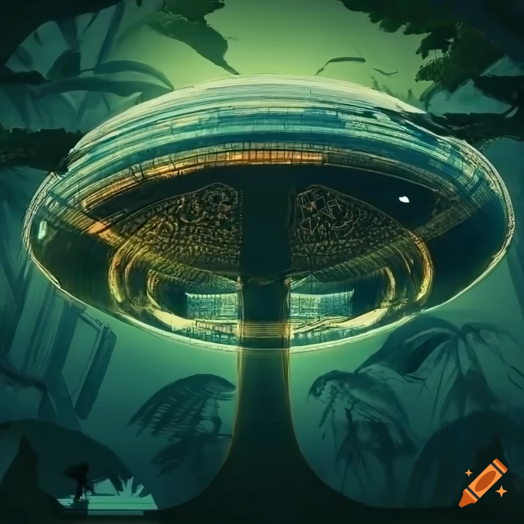 Detailed ufo and palm tree view with lush green jungle and dramatic ...