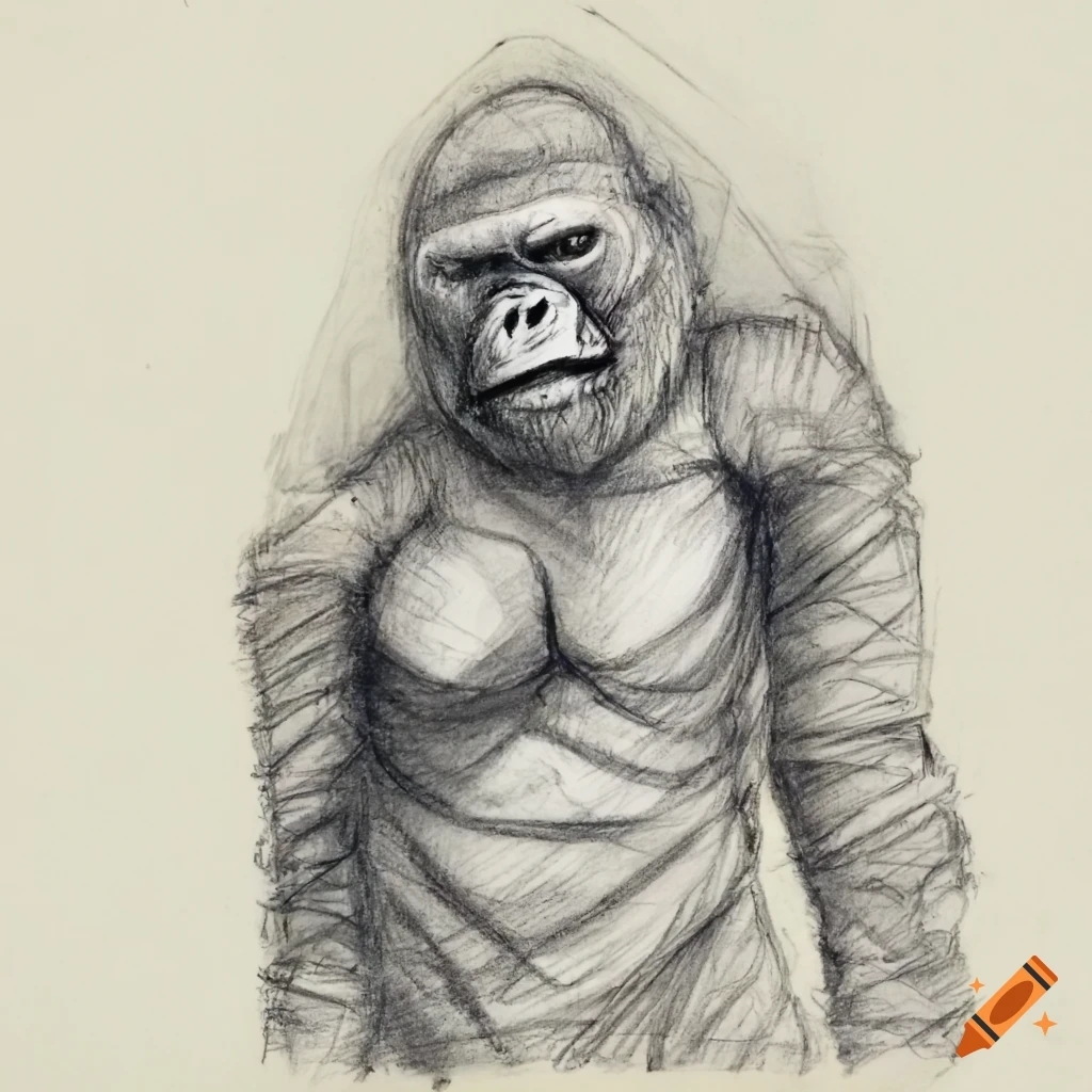 Archaeological sketch of a decayed giant mummy gorilla on stained paper ...