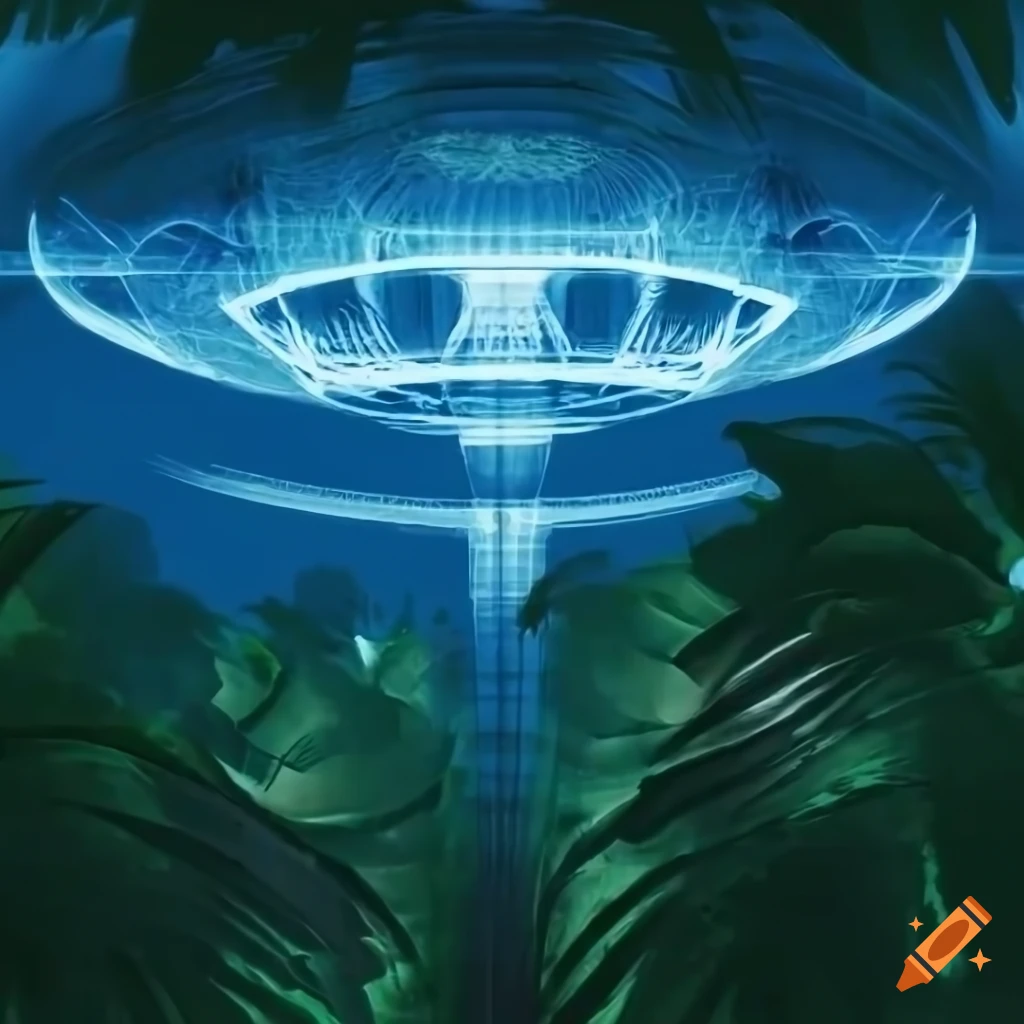 Palma tree and ufo in lush green jungle with dramatic lighting and ...