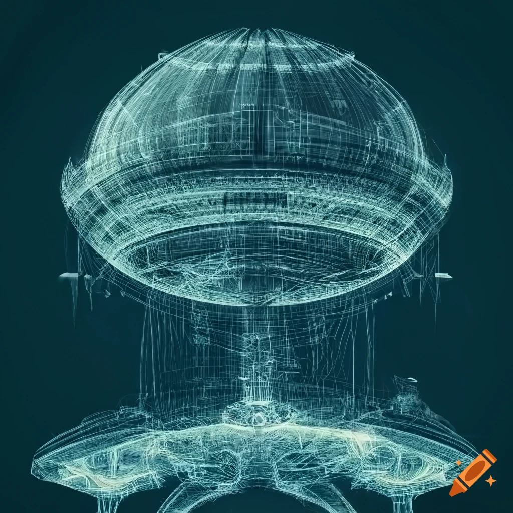 Detailed spider engineering drawing of a ufo and palm tree in a lush ...