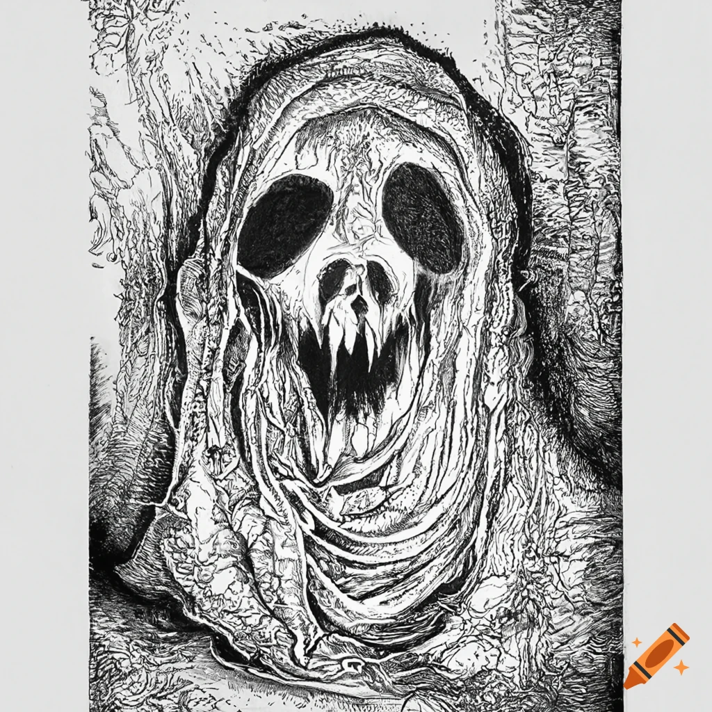 Intricate black and white ink drawing of a tormented ghost overwhelmed ...