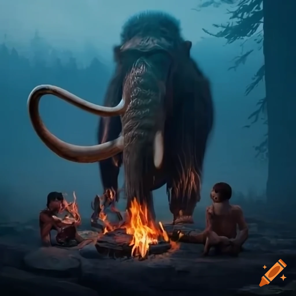 Prehistoric humans hunting a mammoth around a campfire in an immersive ...