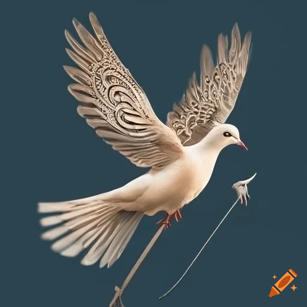 Dove with celtic knotwork wings holding an arrow in flight on Craiyon