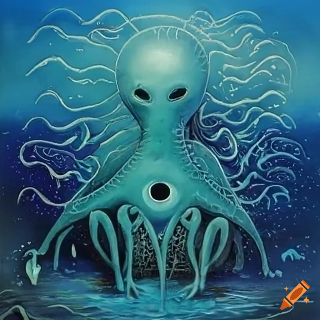 Abstract painting with native salish creature motifs and ocean waves on ...