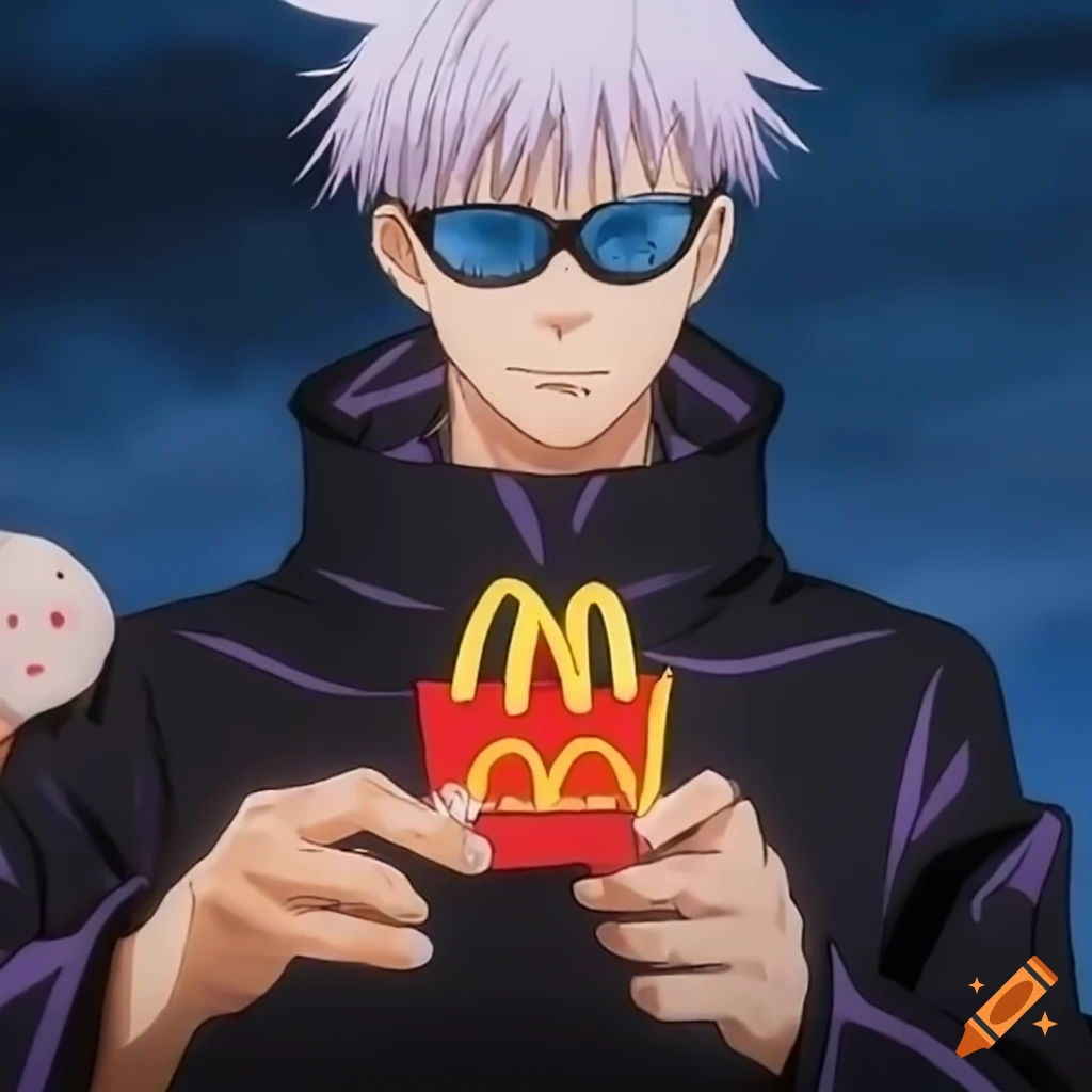 Anime character gojo satoru with a mcdonald's meal on Craiyon