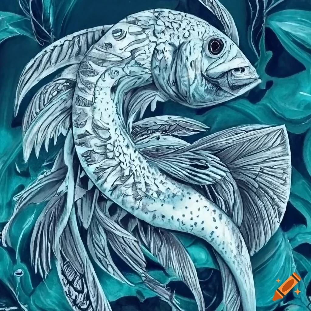 Intricate pen and ink drawing of a mythical white fish in surrealistic ...