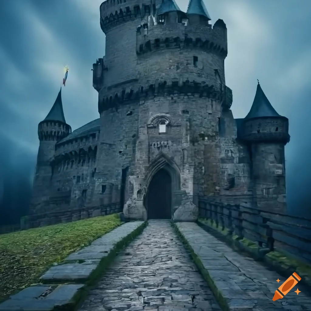 Ancient Gothic-style castle surrounded by dry trees with a cobblestone ...